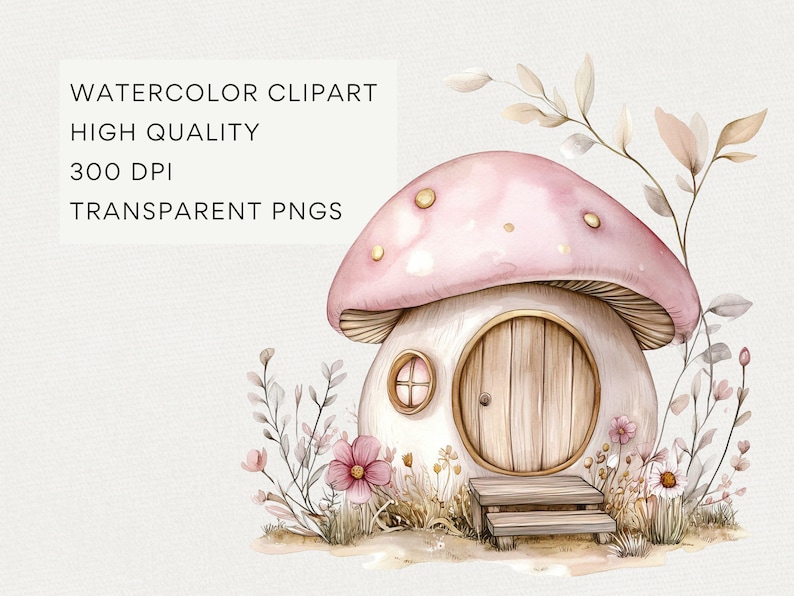 Watercolor Fairy House Clipart, Cute Pink Mushroom House Clip Art ...