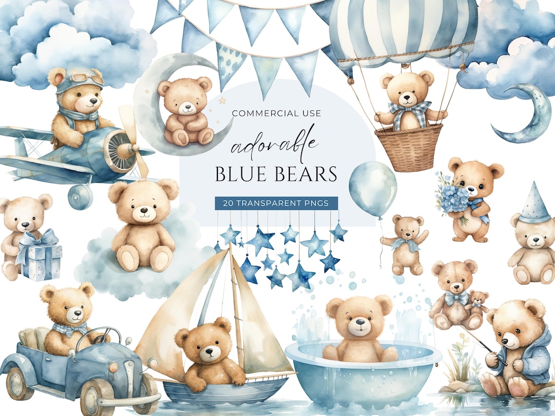 Blue Teddy Bear Clipart, DIGITAL DOWNLOAD, Hot Air Balloon Teddy Bear ...