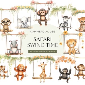 Animals on Swings Safari Clipart, DIGITAL DOWNLOAD, Cute Watercolor ...