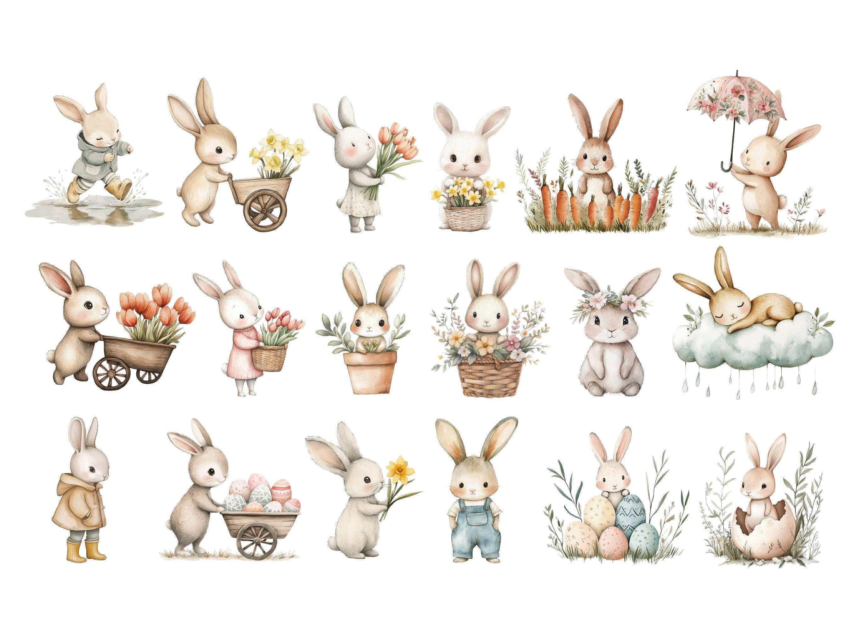 Cute Spring Bunny Clipart, Watercolor Easter Bunnies Clip Art, Baby ...