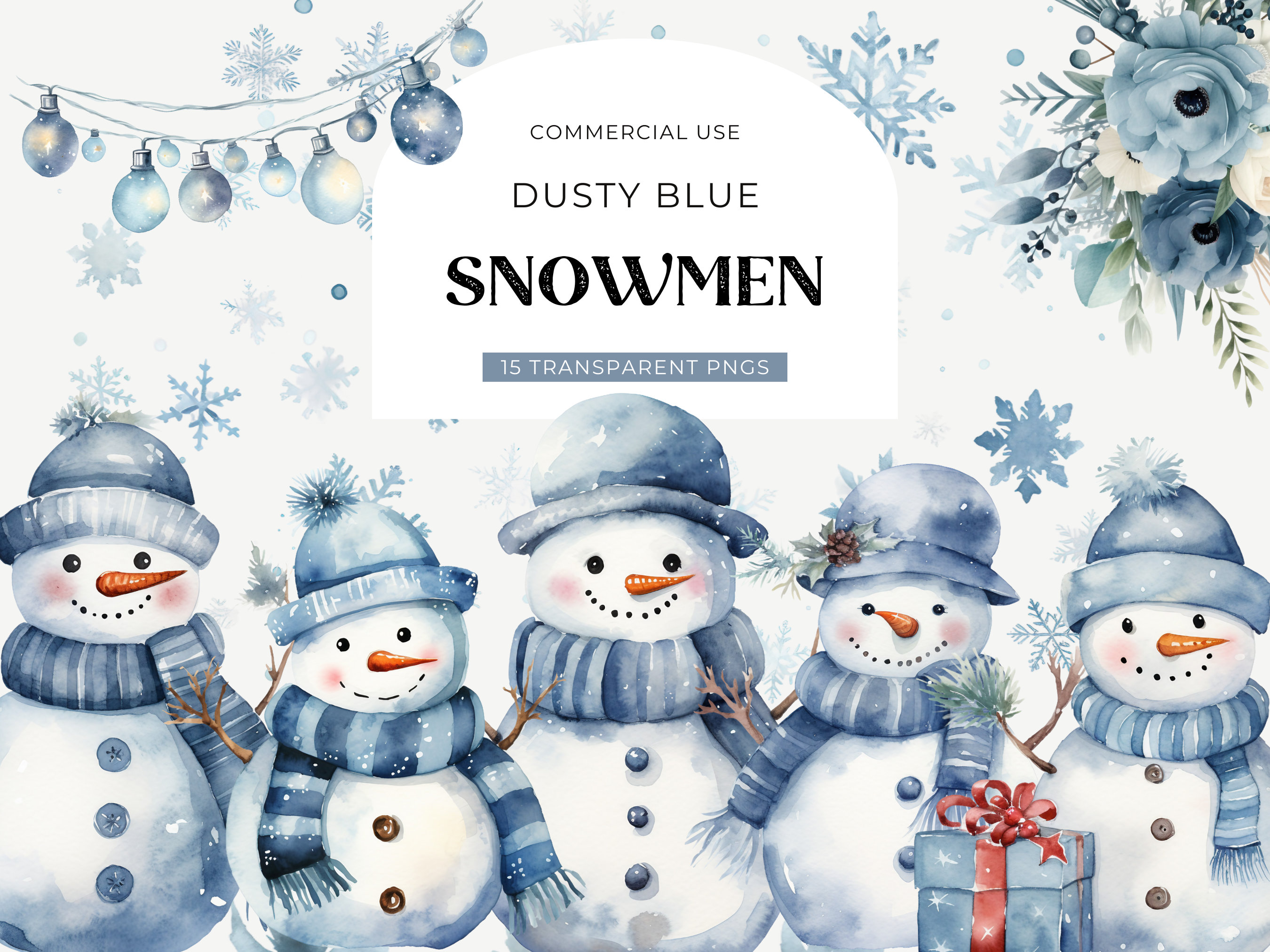 Blue Christmas Snowman Clipart, DIGITAL DOWNLOAD Cute Snowmen Clipart ...