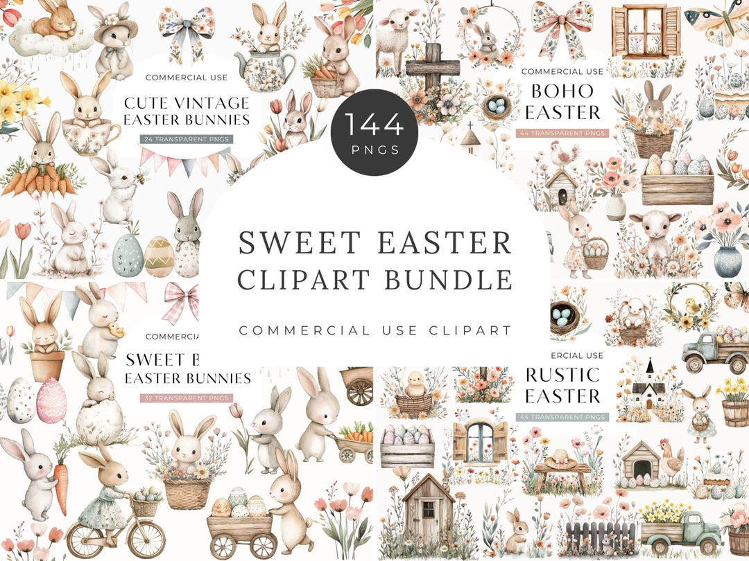 Boho Easter Clipart, Vintage Bunny Clip Art, Watercolor Spring Rabbits ...