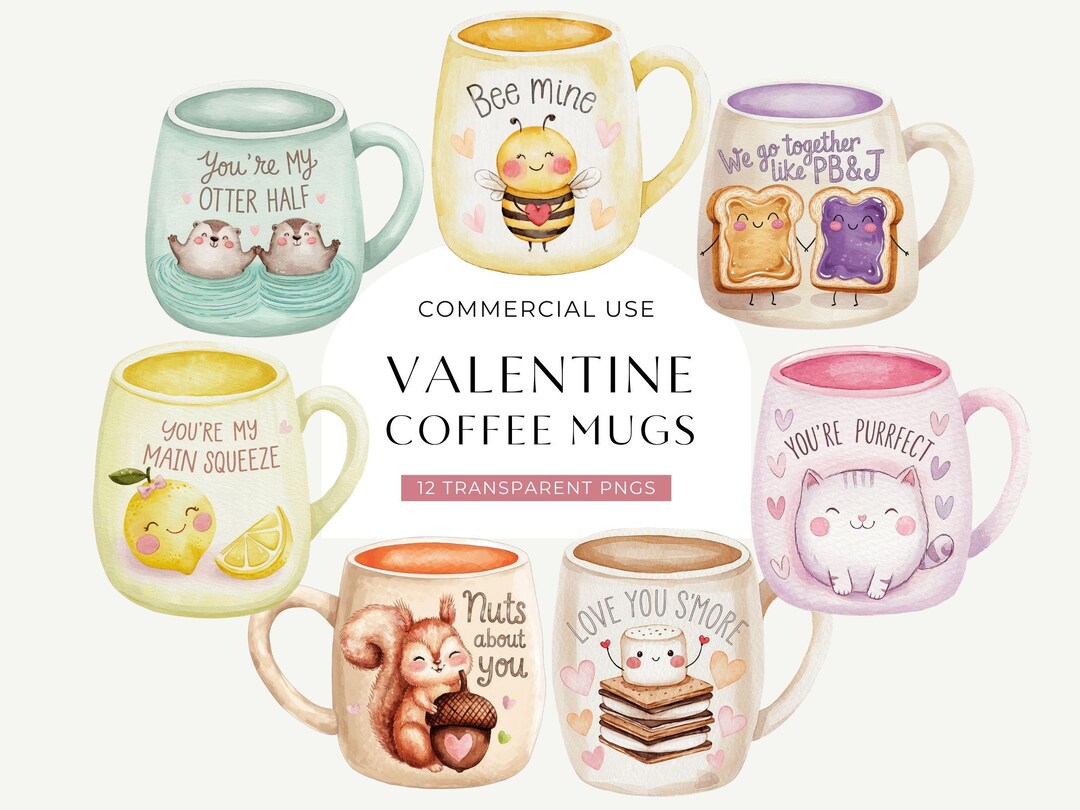 Cute Valentines Coffee Clipart, Watercolor Valentines Day Coffee Mug ...