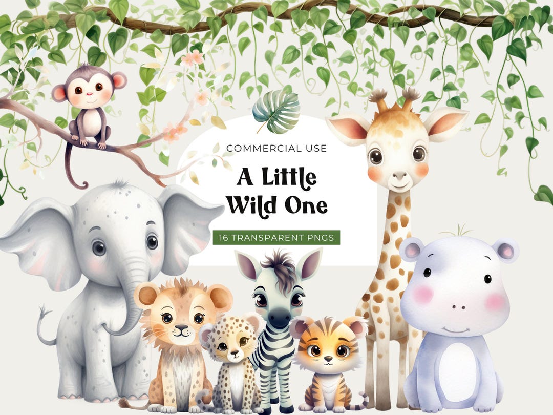 Wild One Safari Clipart, DIGITAL DOWNLOAD, Watercolor Jungle Animals ...