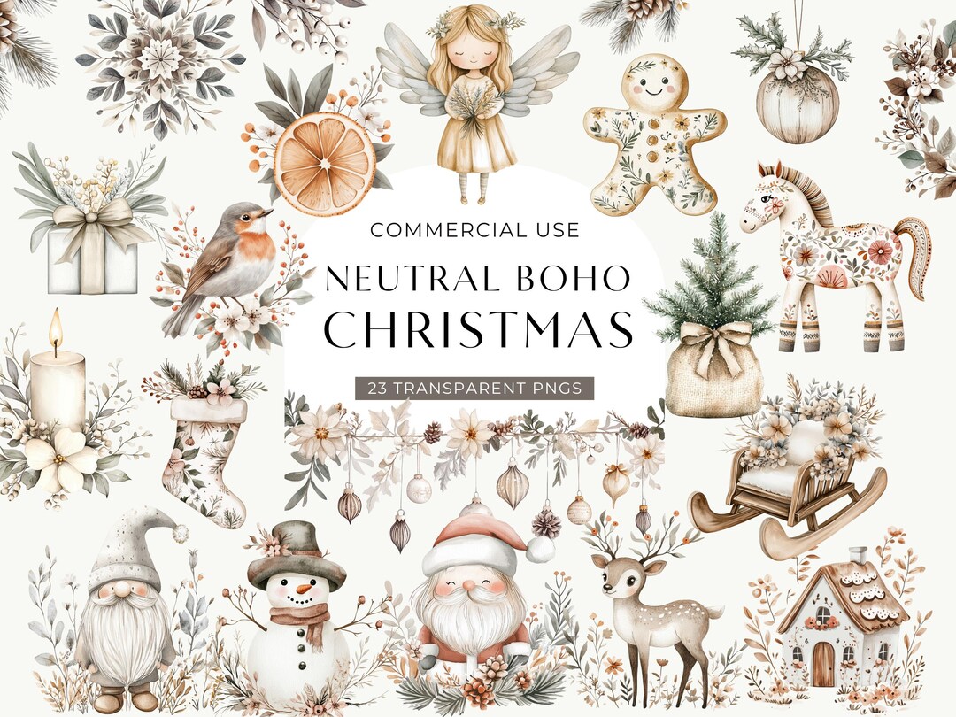Neutral Christmas Clipart, DIGITAL DOWNLOAD, Boho Xmas Clip Art, Cozy ...