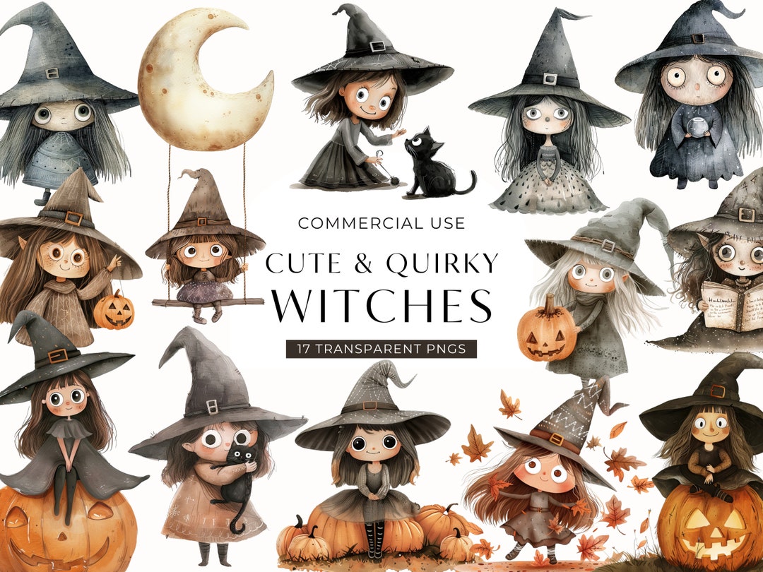 Quirky Cute Witch Clipart, DIGITAL DOWNLOAD, Watercolor Halloween Clip ...