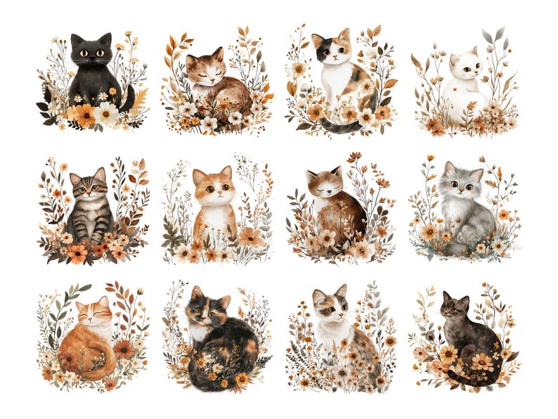 Fall Cat Clipart, Autumn Kitten Wildflower Clip Art, Boho Floral ...