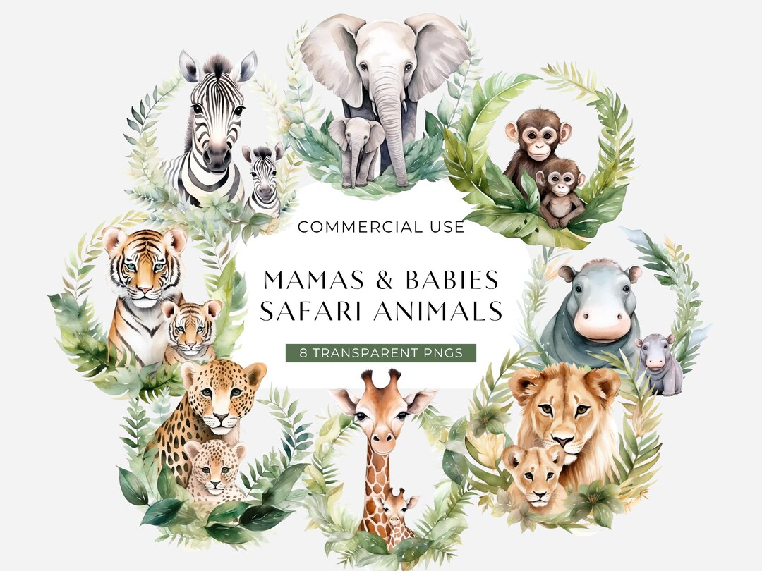 Baby Animal and Mom Clipart, DIGITAL DOWNLOAD, Jungle Safari Mama Clip ...