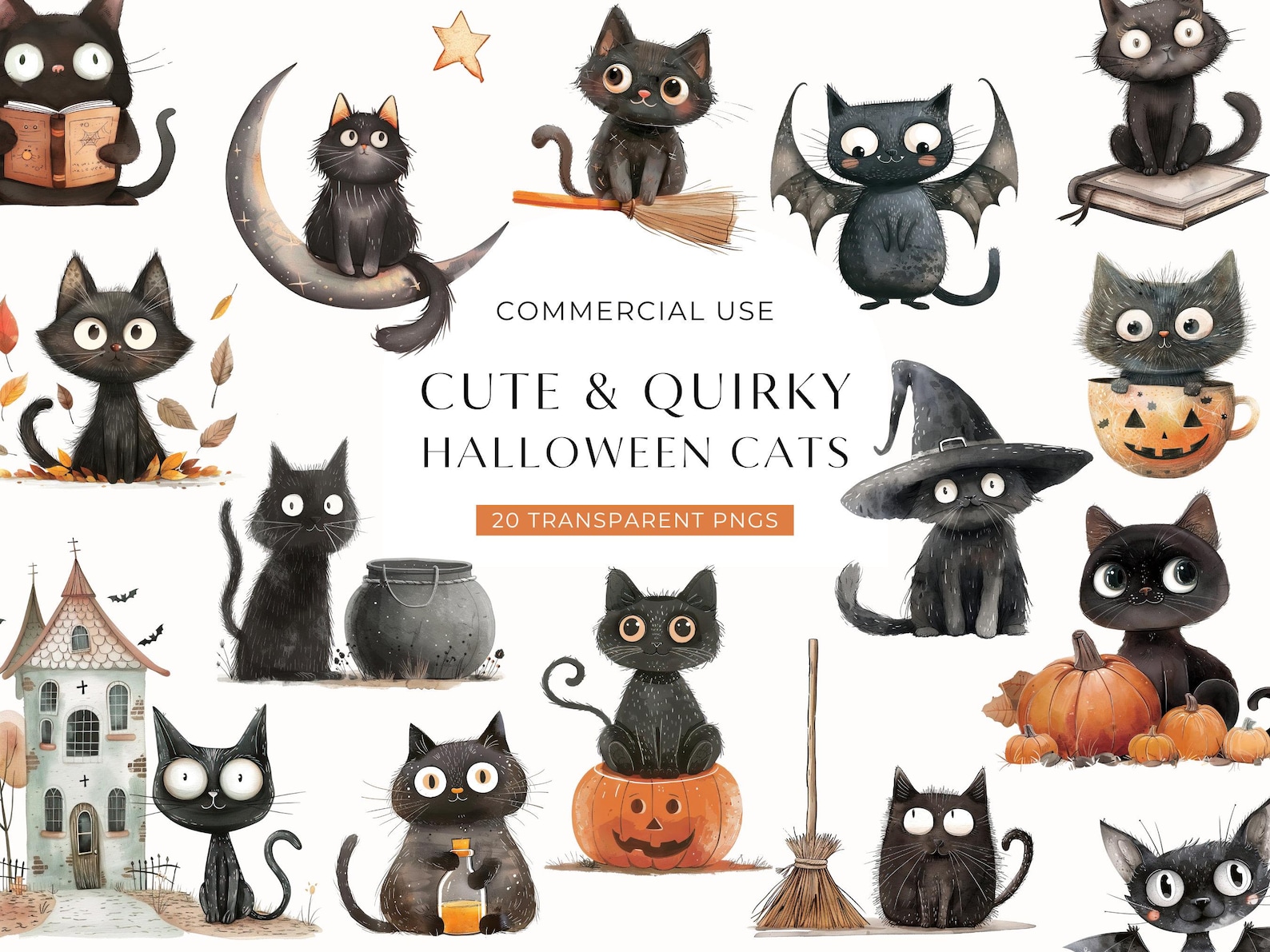 Halloween Black Cat Clipart, DIGITAL DOWNLOAD, Quirky Funny Cat Clip ...