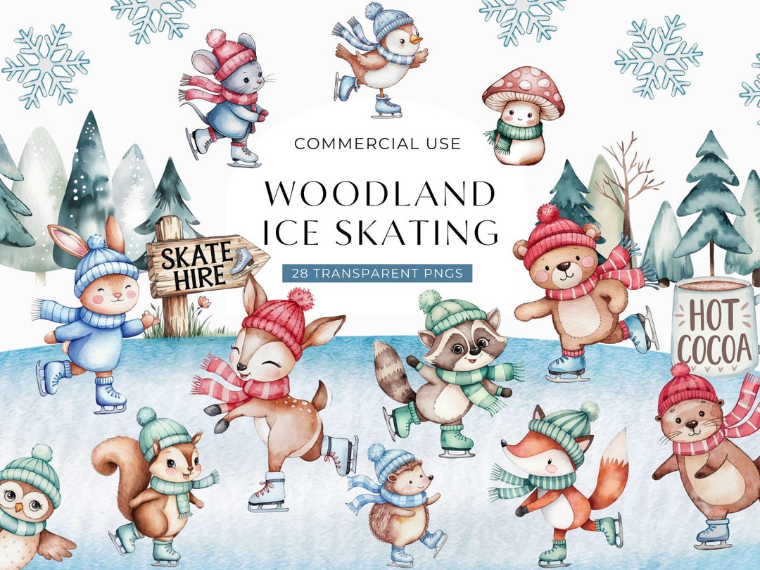 Woodland Ice Skating Clipart, Cute Winter Forest Animals Clip Art, Cozy ...