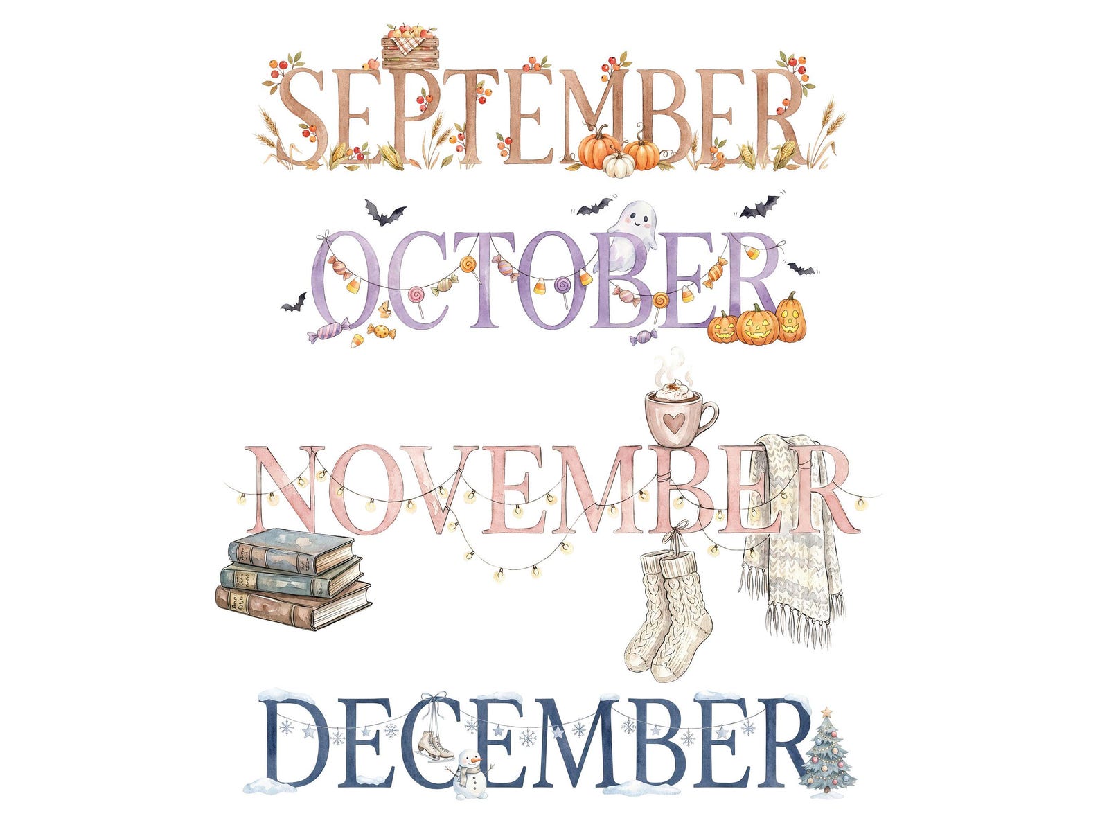 Months of Year Clipart, Watercolor Monthly Word Clip Art, Calendar ...