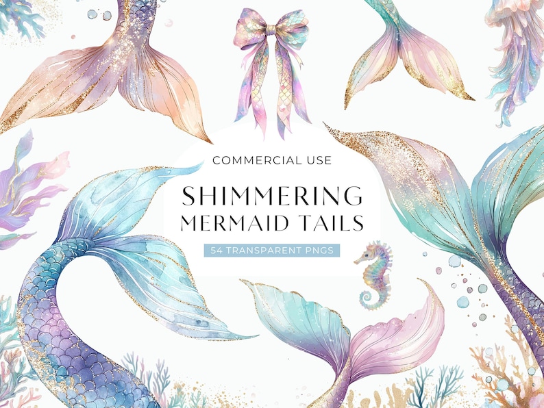 Mermaid Tail Clipart, Watercolor Pastel Under the Sea Clip Art, Mermaid ...