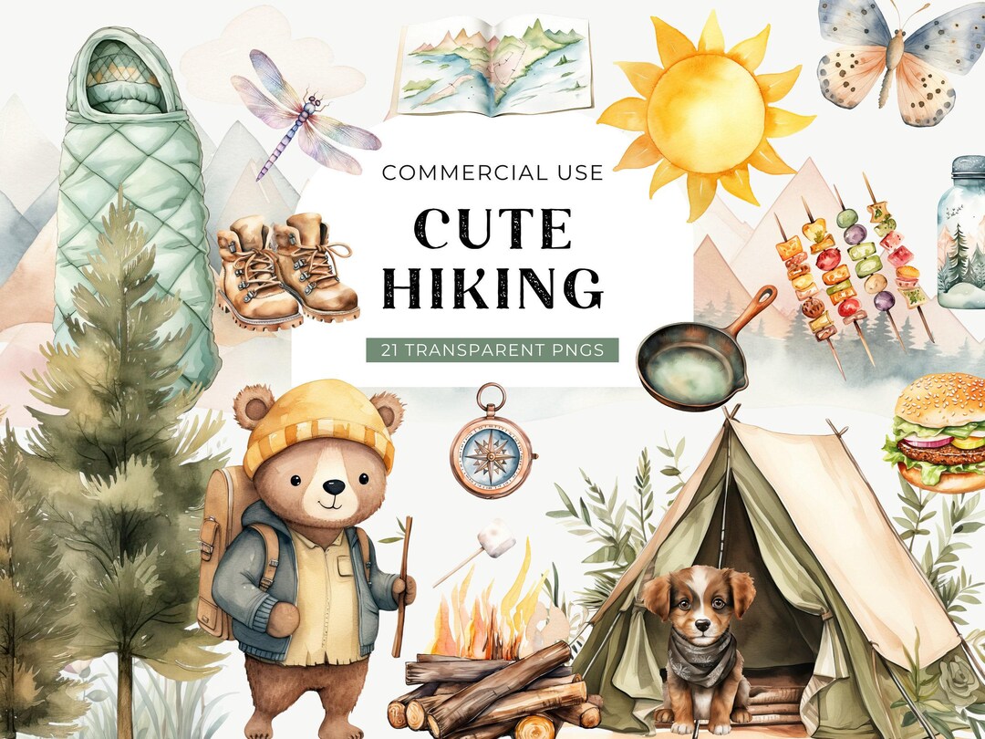 Cute Hiking Backpacking Clipart, DIGITAL DOWNLOAD, Watercolor Adventure ...