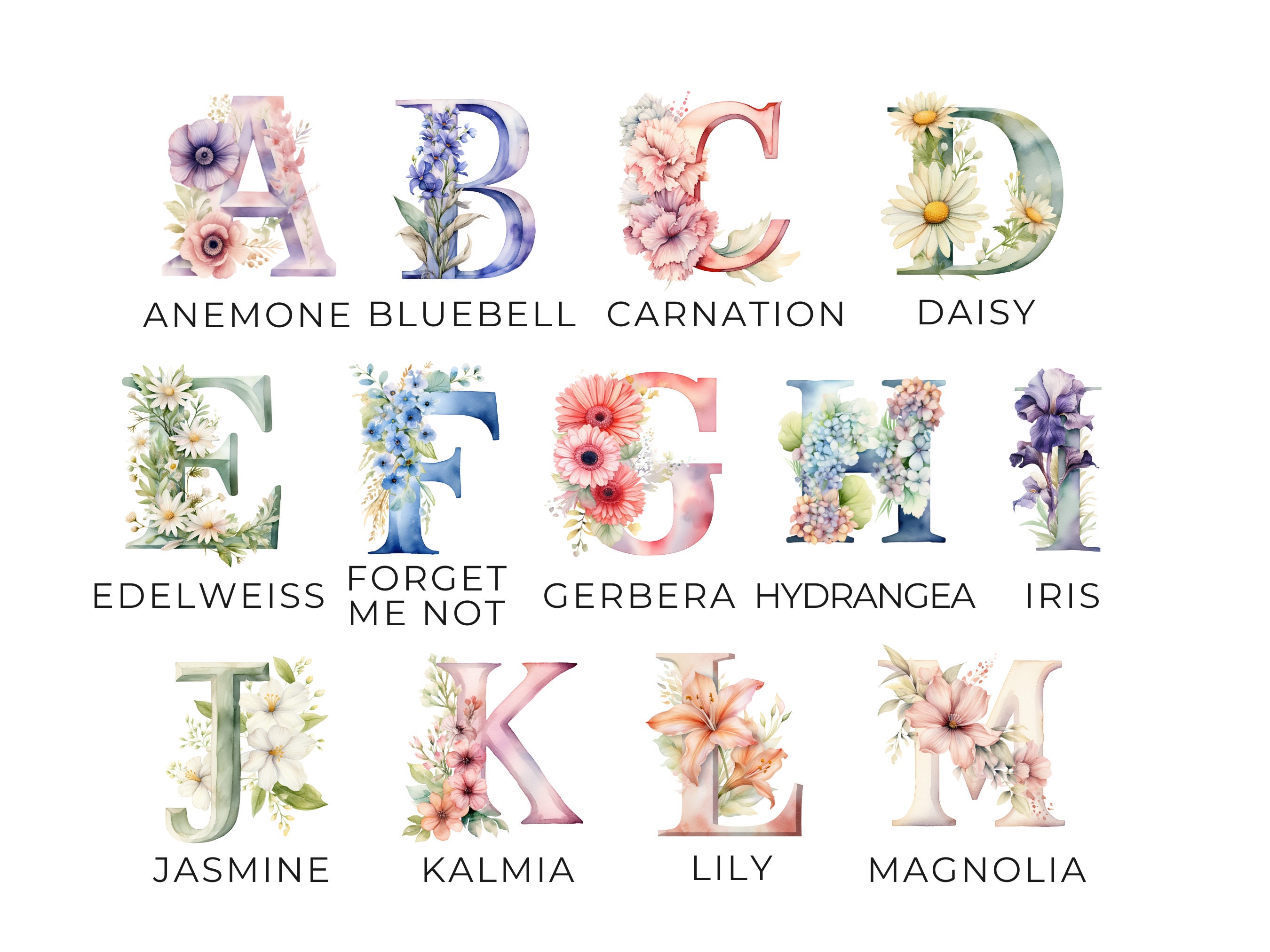 Clipart Floral Letters, DIGITAL DOWNLOAD, Flower Alphabet Clipart ...