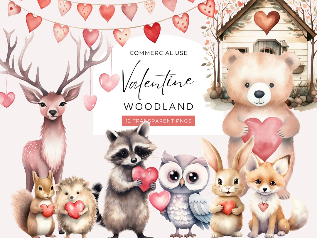 Woodland Animals Clipart Valentines, DIGITAL DOWNLOAD, Forest Creatures ...