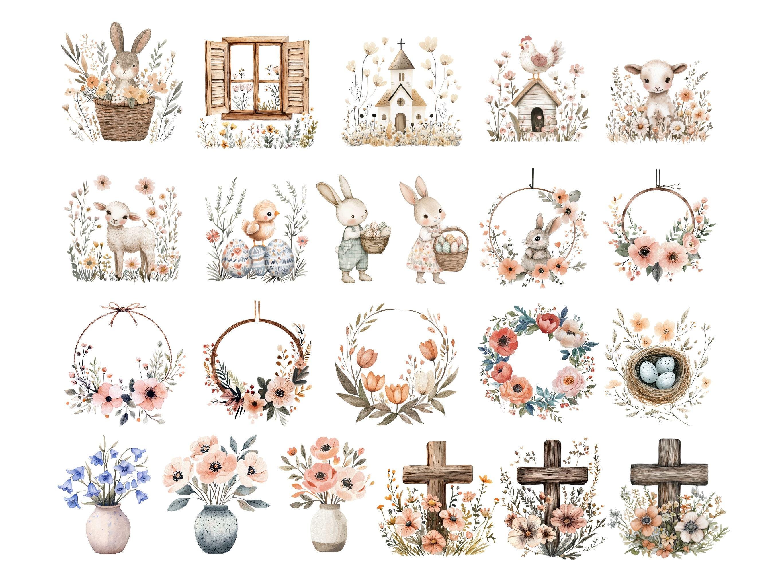 Boho Easter Clipart, Watercolor Neutral Spring Clip Art, Rustic Wreath ...