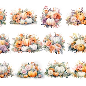 Floral Pumpkins Clipart Bundle, DIGITAL DOWNLOAD, Fall Autumn Orange ...