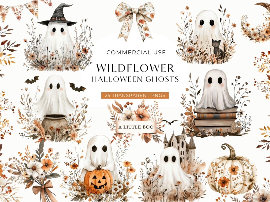 Floral Halloween Ghost Clipart, Boho Wildflower Ghost Clip Art ...