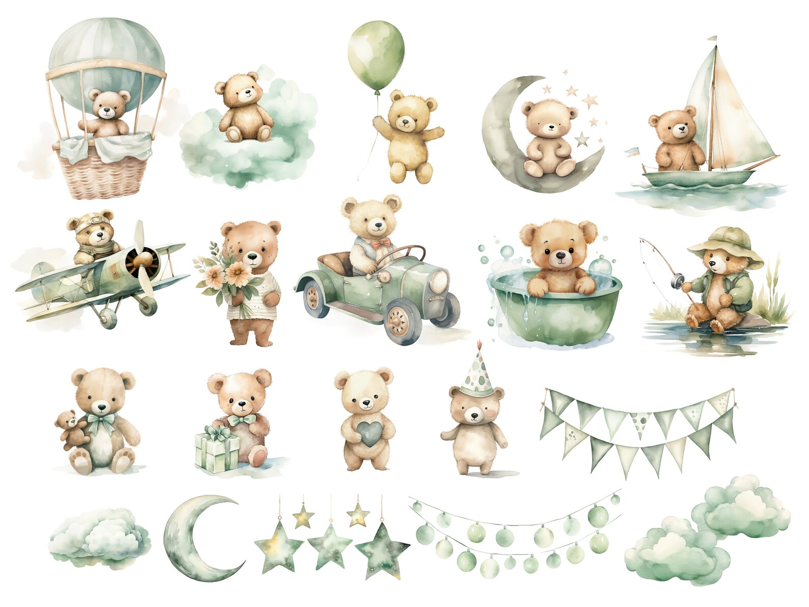 Green Teddy Bear Clipart, DIGITAL DOWNLOAD, Hot Air Balloon Teddy Bear ...