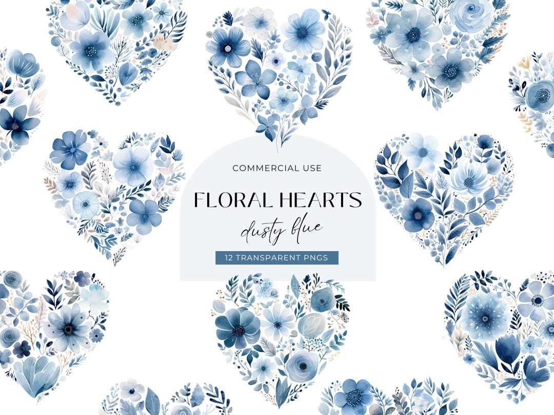 Floral Heart Clipart Blue, DIGITAL DOWNLOAD, Heart With Flowers ...