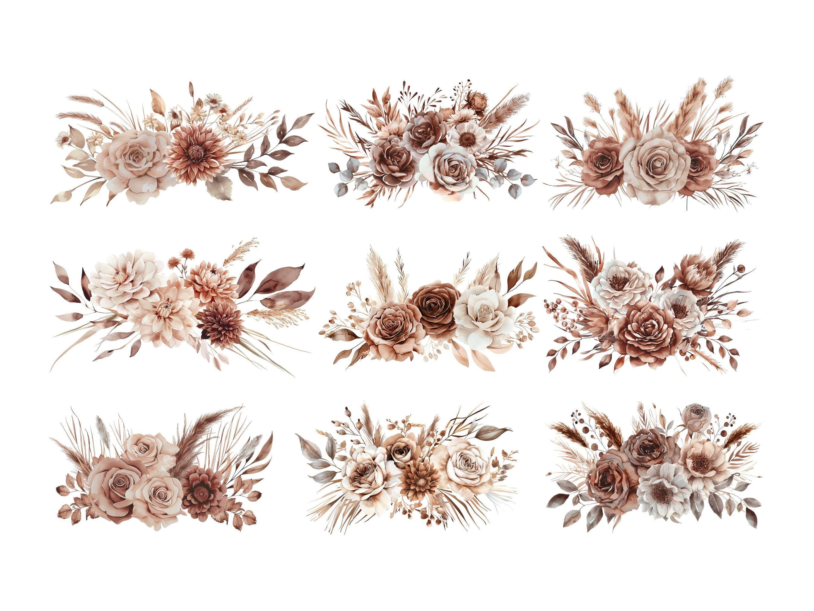 Neutral Mocha Floral Clipart, Boho Watercolor Bouquet, Rustic Wedding ...