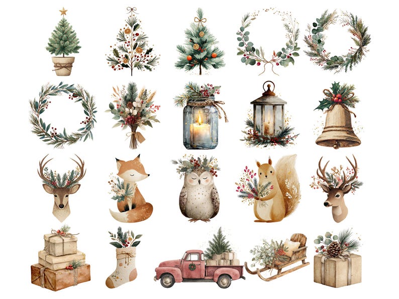 Rustic Christmas Clipart, Watercolor Xmas Farmhouse Clip Art, Cozy ...