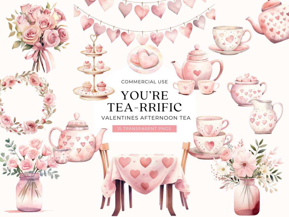 Valentines Day Tea Clipart, DIGITAL DOWNLOAD, Pink Watercolor Afternoon ...