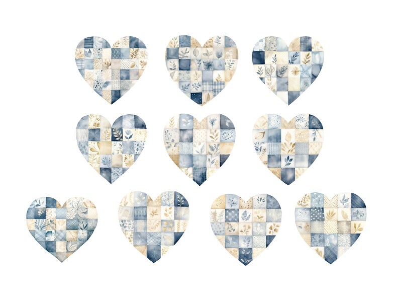 Blue Patchwork Hearts Clipart, DIGITAL DOWNLOAD, Cute Valentine Clipart ...