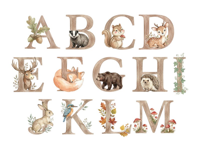 Woodland Alphabet Clipart, Forest Animal Letter Clip Art, Watercolor ...