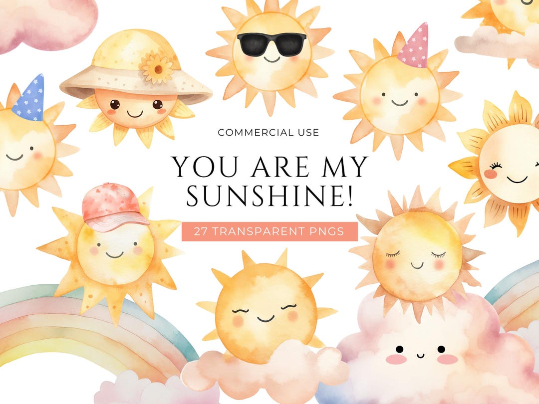 Cute Sun Clipart, DIGITAL DOWNLOAD, Watercolor Sun, Summer Sunshine ...