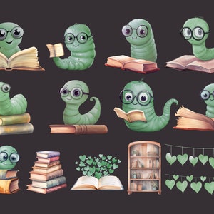 Book Worm Clipart, DIGITAL DOWNLOAD, Cute Bookworm Reading Watercolor ...