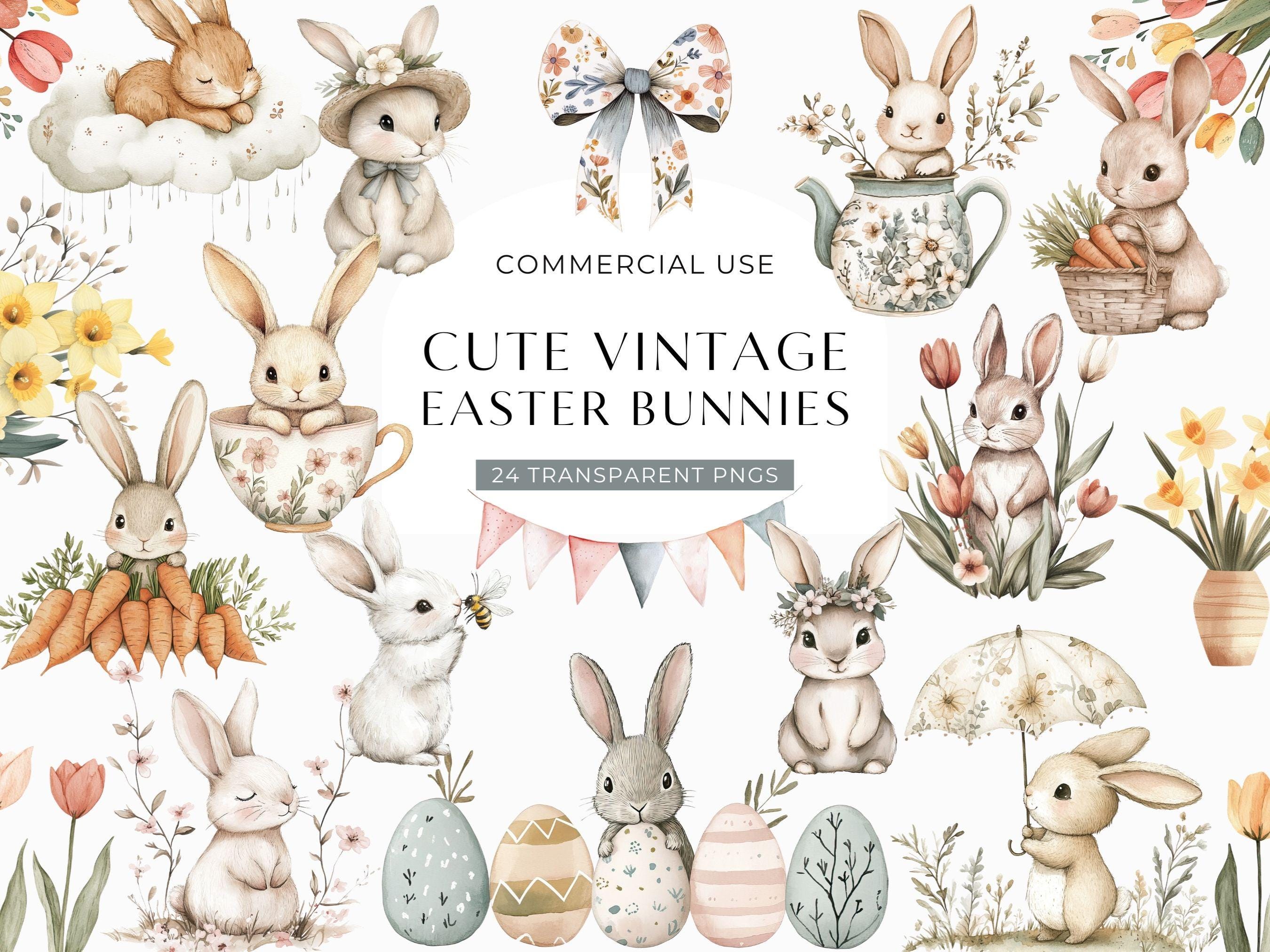 Boho Easter Clipart, Vintage Bunny Clip Art, Watercolor Spring Rabbits ...