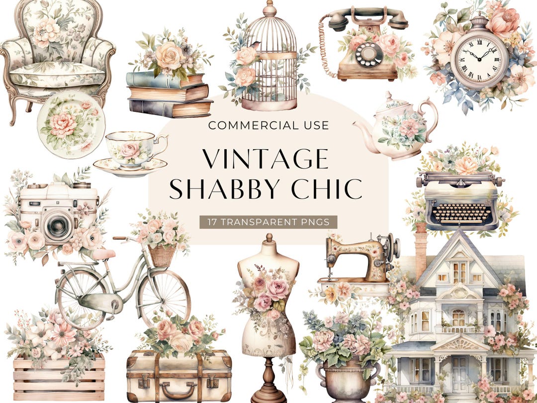Shabby Chic Clipart, DIGITAL DOWNLOAD, Watercolor Junk Journal Clipart ...