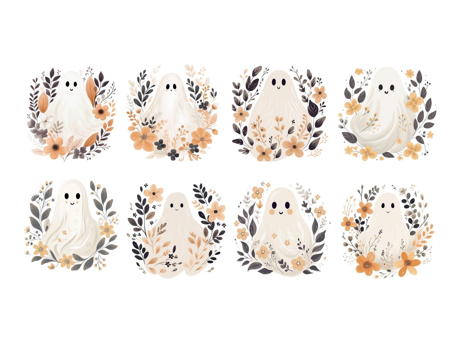 Boho Ghost Clipart, DIGITAL DOWNLOAD, Floral Ghost Clipart, Cute ...