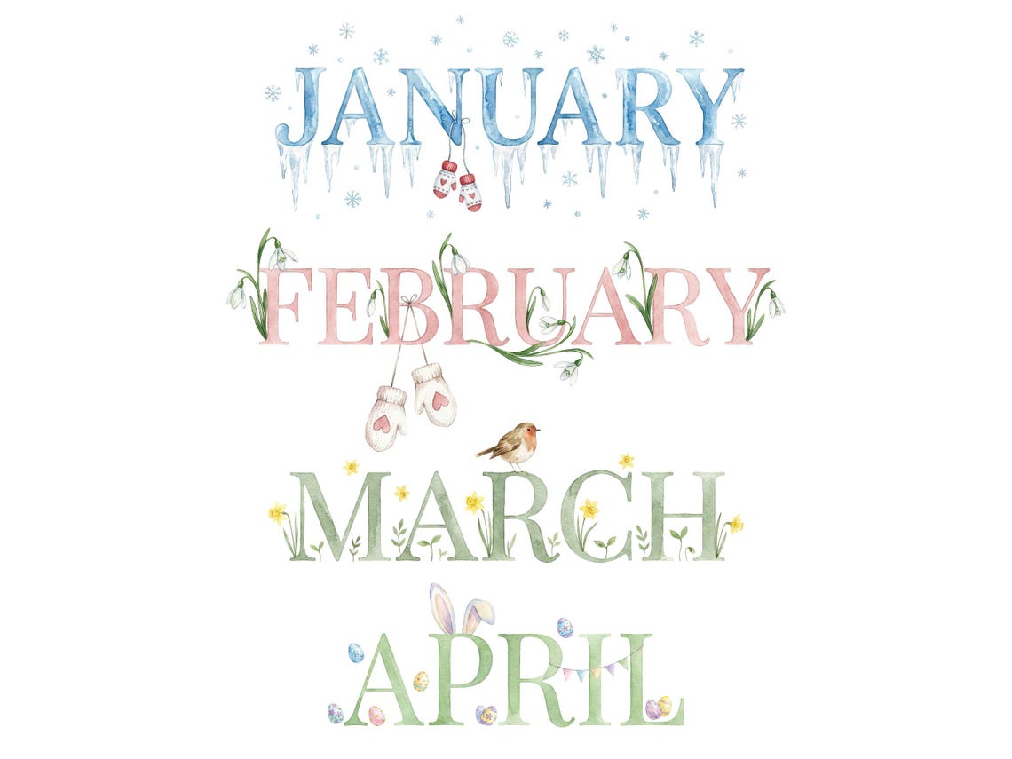 Months of Year Clipart, Watercolor Monthly Word Clip Art, Calendar ...