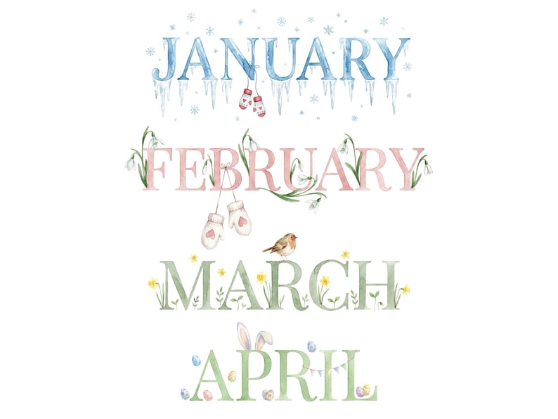 Months of Year Clipart, Watercolor Monthly Word Clip Art, Calendar ...