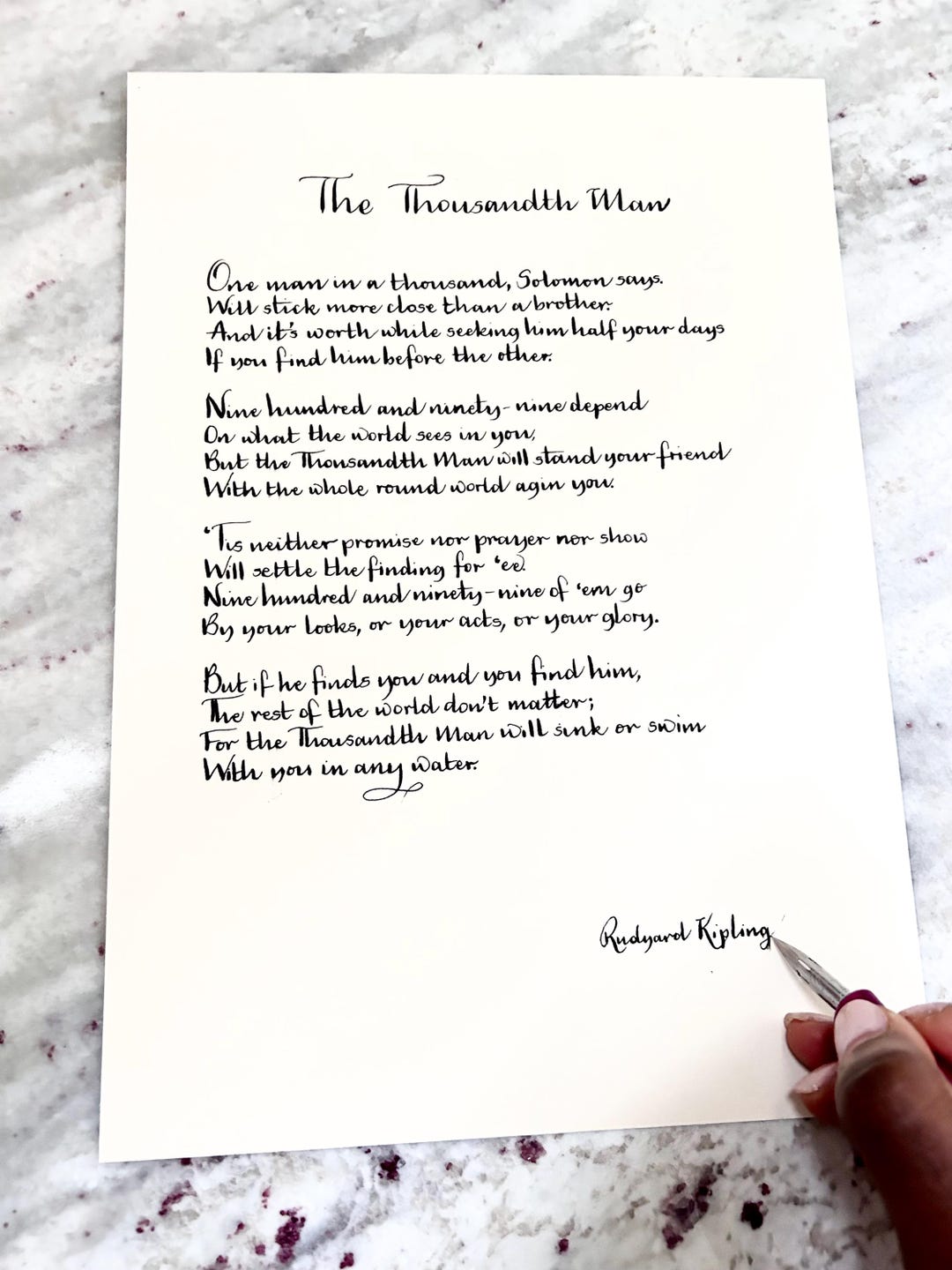 Handwritten the Thousandth Man, Rudyard Kipling Poem Print: Friendship ...