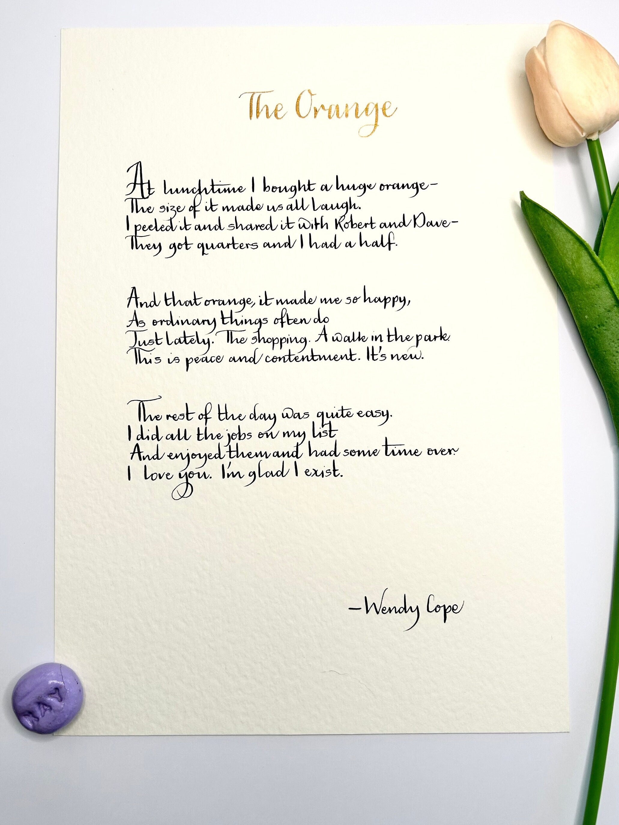 Handwritten Wendy Cope Poem, 'orange' - Literary Art, Handwritten ...