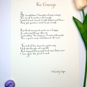 Handwritten Wendy Cope Poem, 'orange' - Literary Art, Handwritten ...