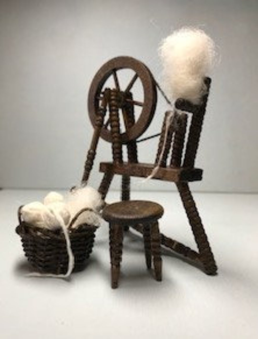Mini Spinning Wheel Stool & Wool Basket 1/12th One Inch Scale Artisan ...