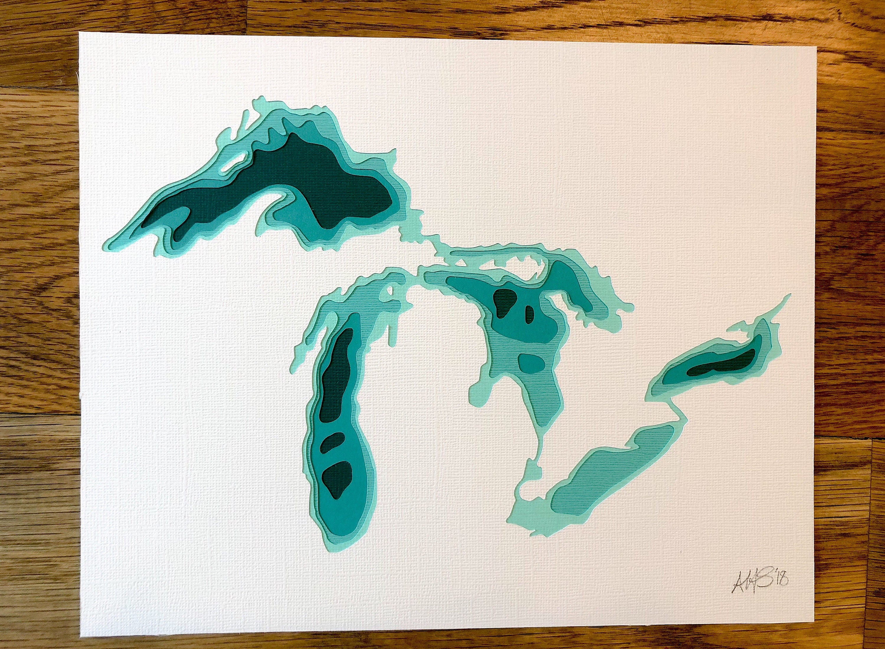 Handmade Great Lakes Papercut Art - Teals - Etsy