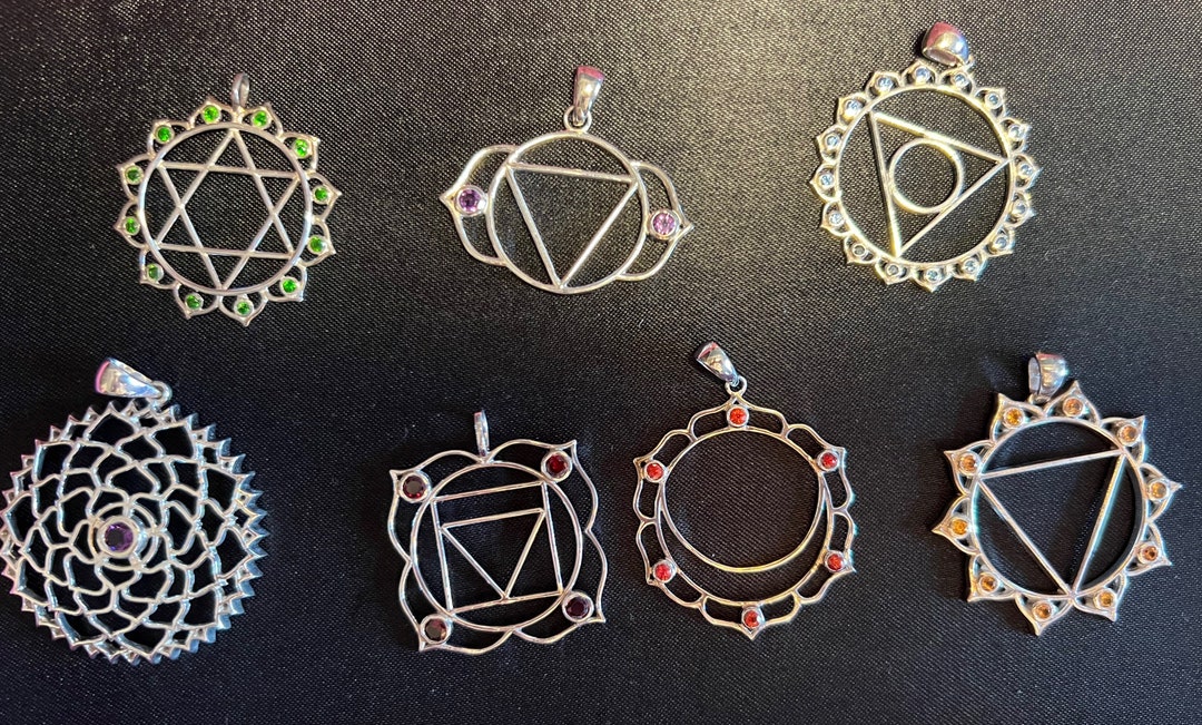 All 7 Chakras Silver Pendants With Semi-precious Stones Sacred Geometry ...