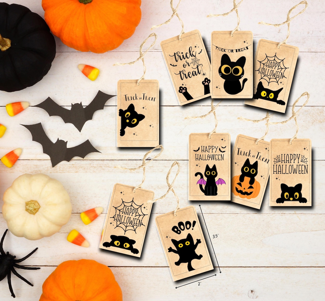 Black Cat Halloween Treat Bag Tags: Printable Party Favor Labels (PDF ...