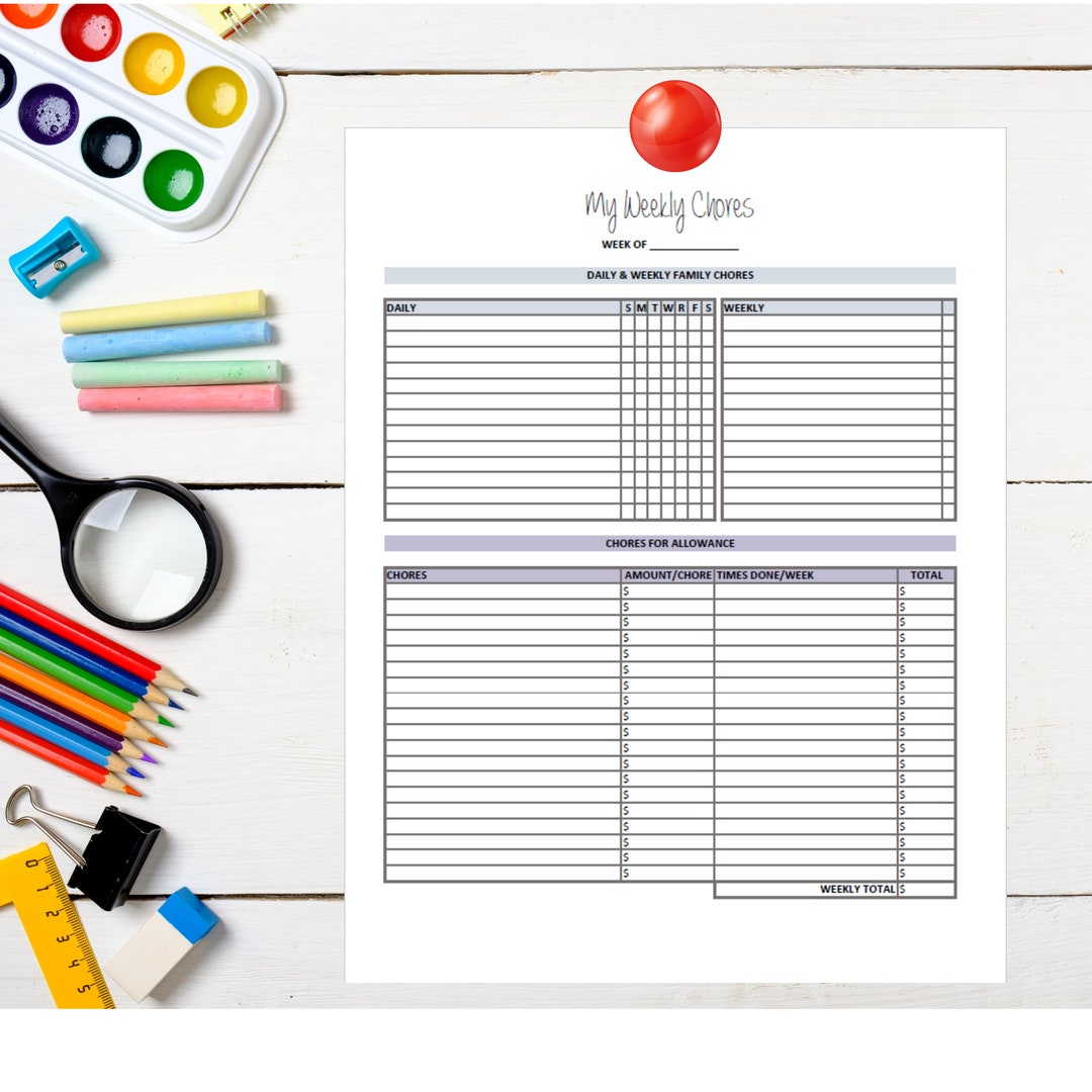 Weekly Chores by Allowance Printable | Chore Chart Template | Excel ...