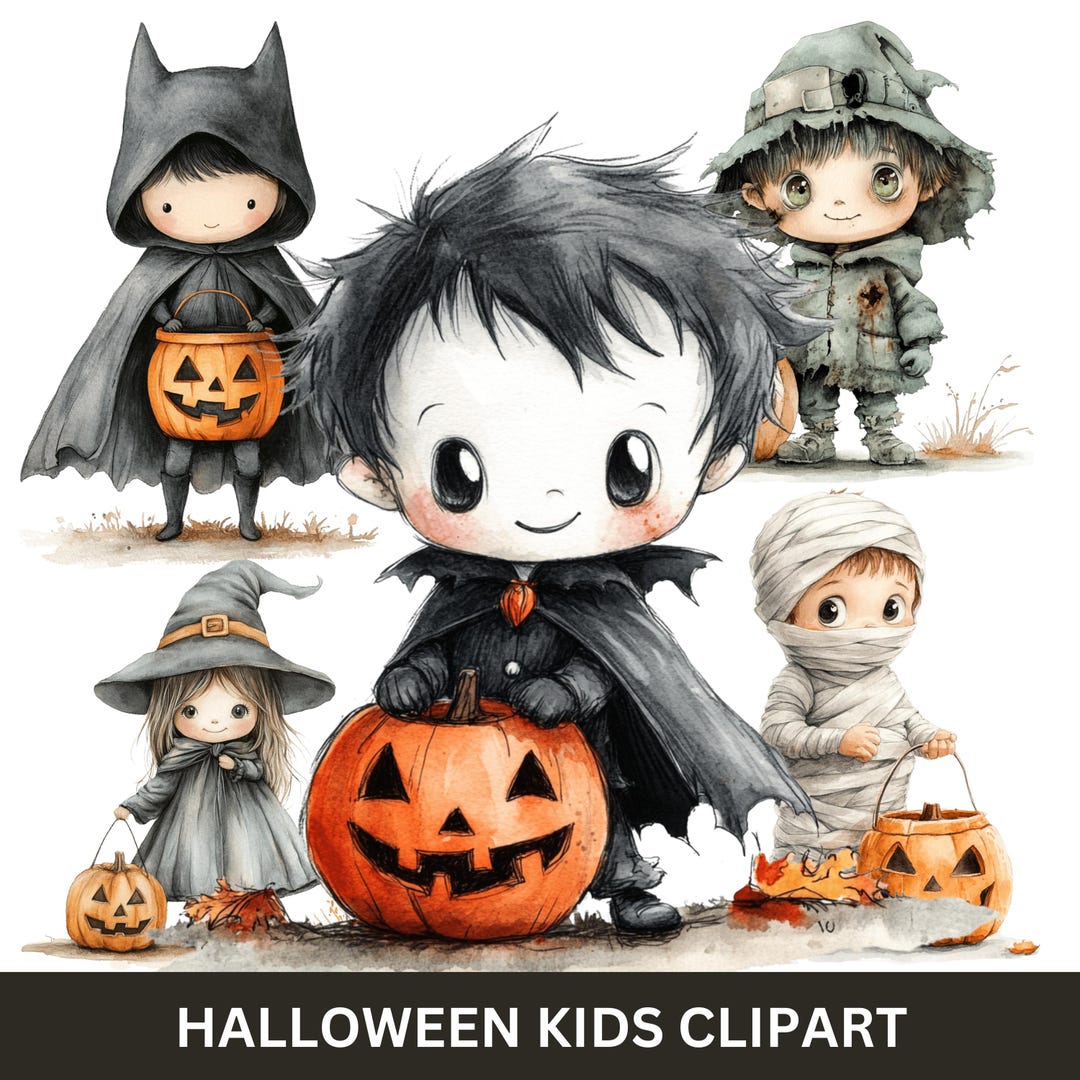 Halloween PNG, Set of 8 Watercolor Halloween Kids Clipart Bundle, Trick ...