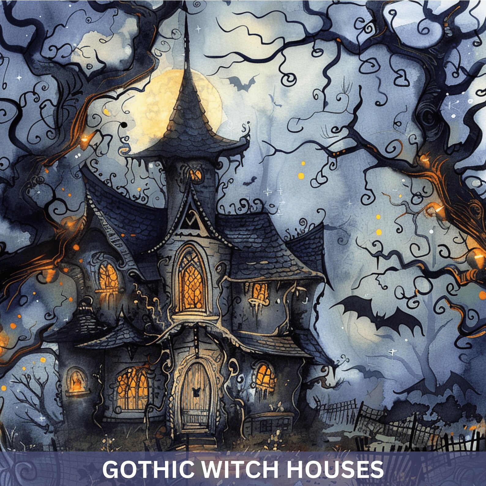 Watercolor Witch House PNG Set: Gothic Halloween Decor (digital ...