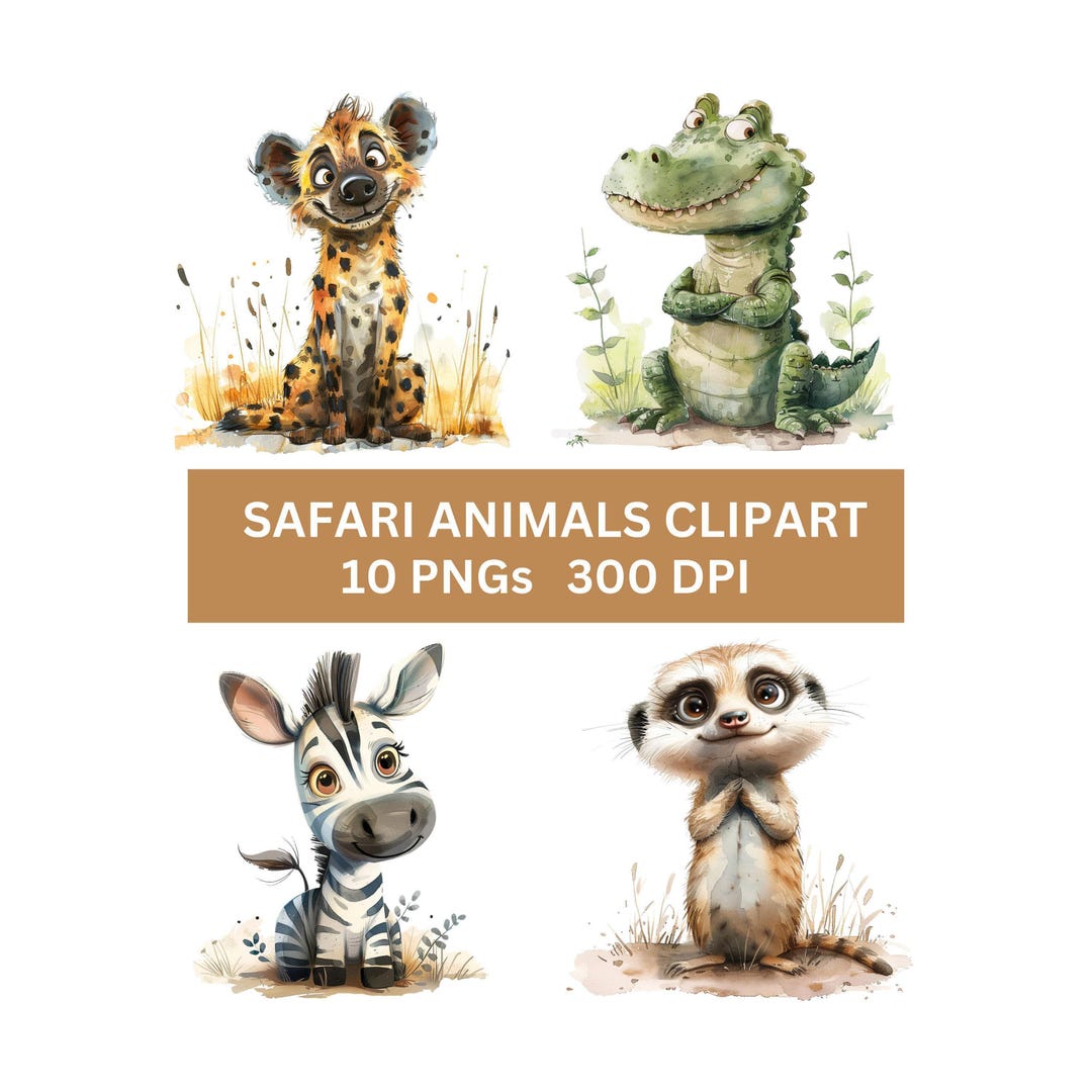 Watercolor Safari Animals Clipart: Whimsical PNG Bundle (digital ...