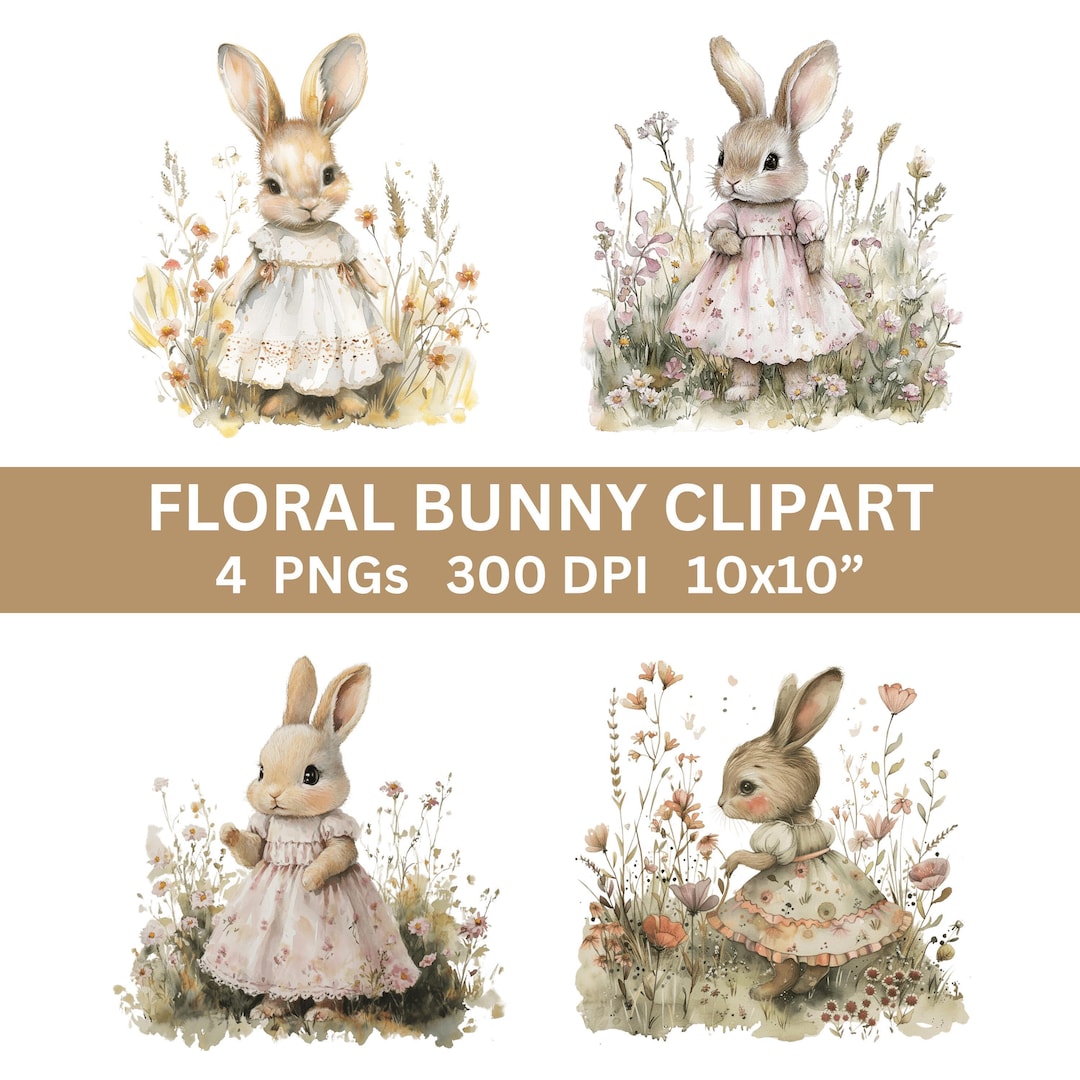 Floral Bunny Clipart: Spring Watercolor PNG Designs (digital Download ...