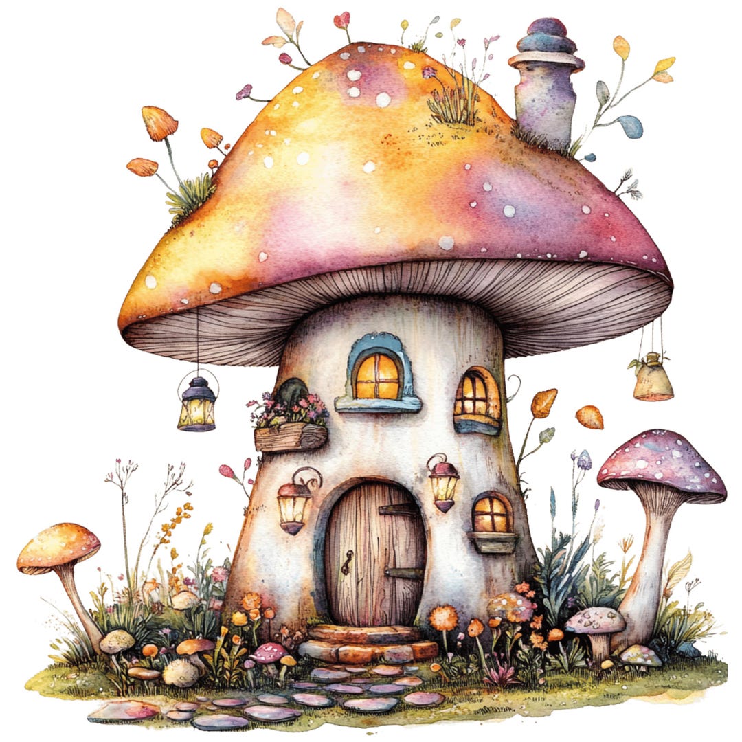 Fairy Clipart, Watercolor Mushroom Fairy House Clipart, Enchanted ...