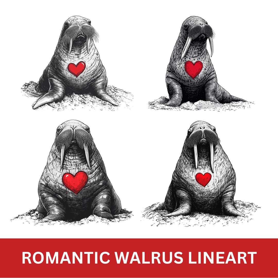 Romantic Walrus Lineart, Walrus Valentine PNG, Stationery Art ...